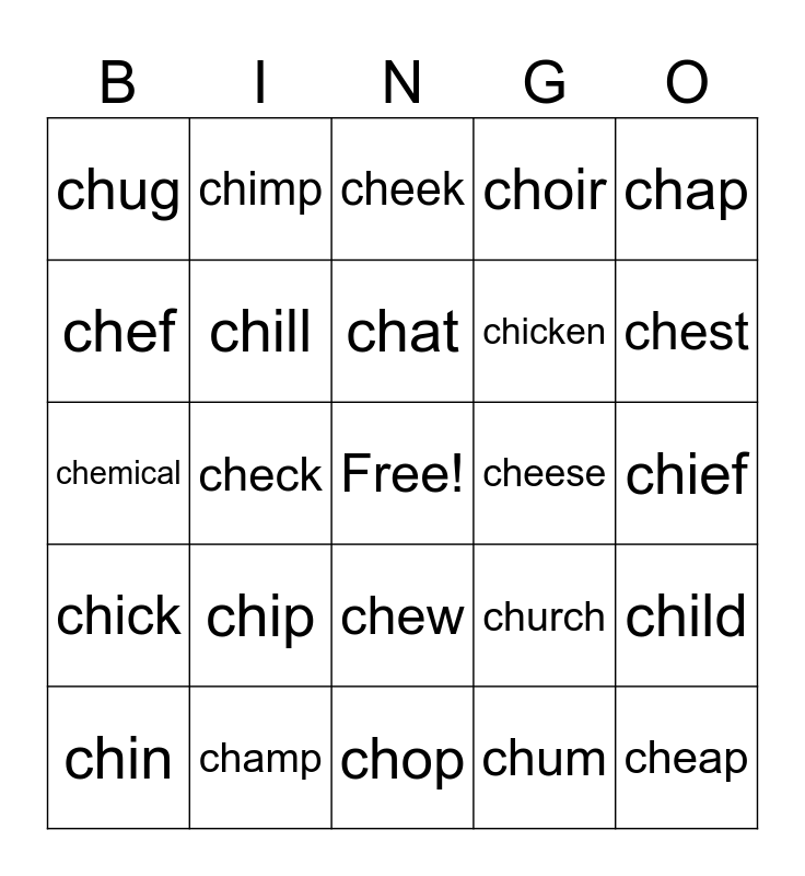 Diagraph Ch /k/ and /sh/ Bingo Card