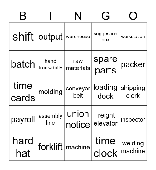Factory vocabulary Bingo Card