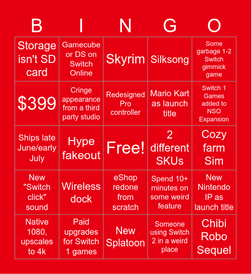 Switch 2 Launch Bingo Card