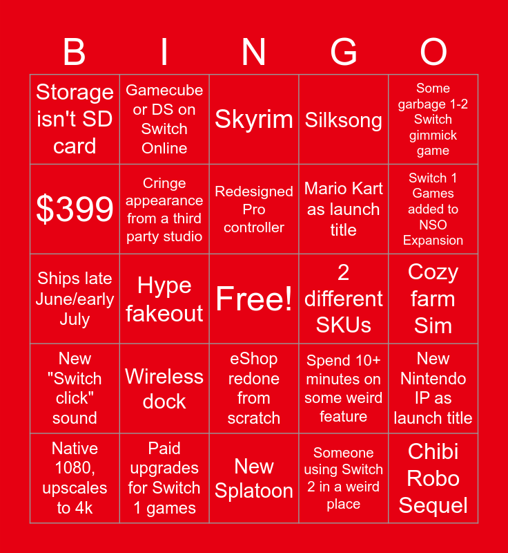 Switch 2 Launch Bingo Card