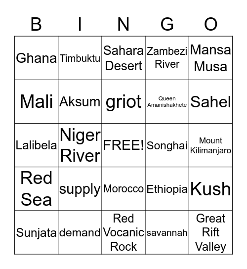 Ancient Africa Lesson 1-3 Bingo Card