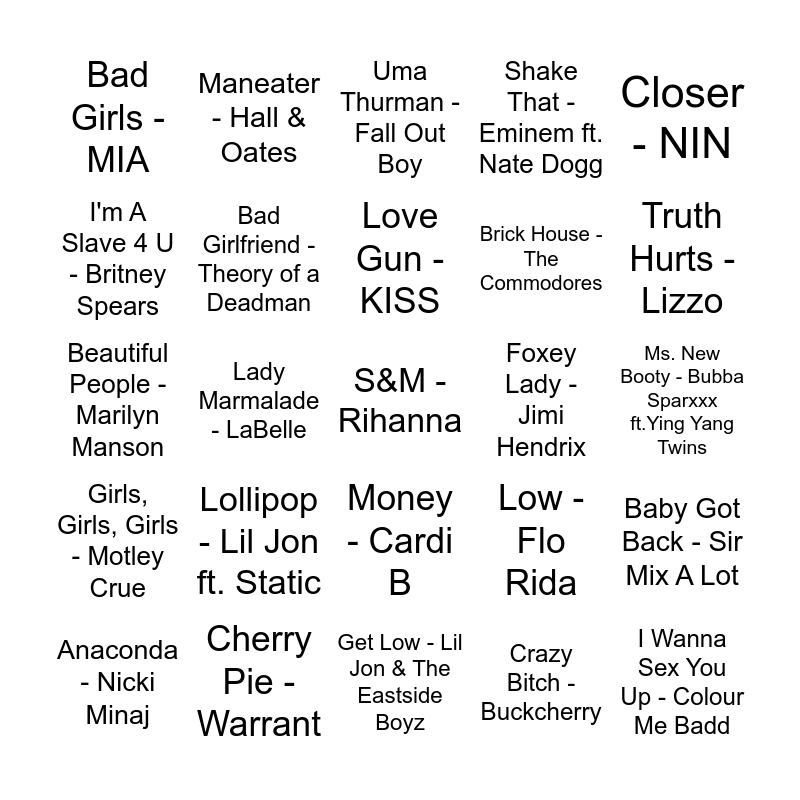Songs To Strip To Bingo Card