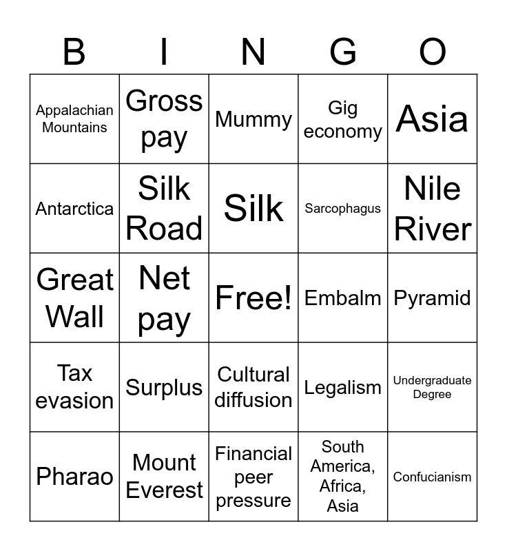 Social Studies Bingo Card