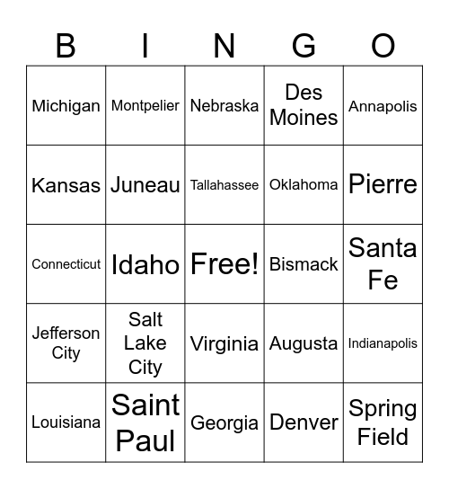 U.S.A. States and Capitals Bingo Card
