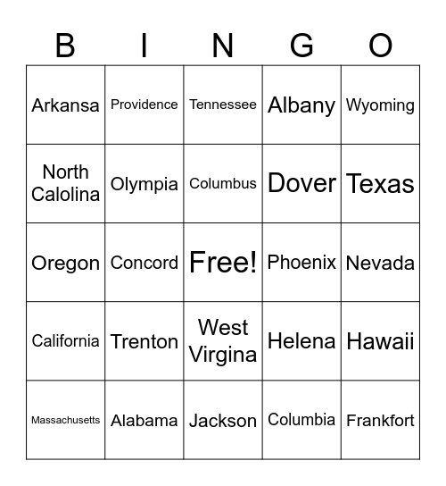 U.S.A. States and Capitals Bingo Card