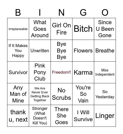 Divorce Music Bingo (LDP) Bingo Card