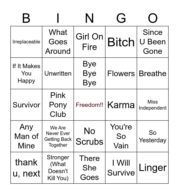 Divorce Music Bingo (LDP) Bingo Card