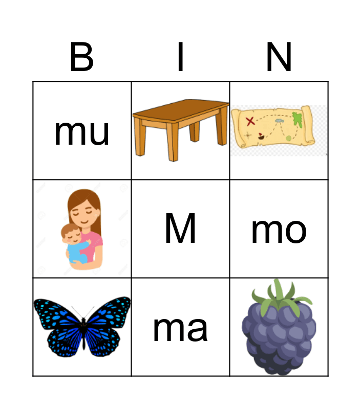 La letra Mm Bingo Card