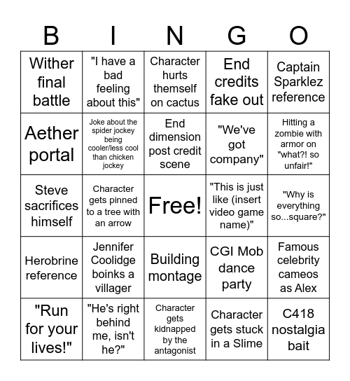 Minecraft Movie Bingo Card