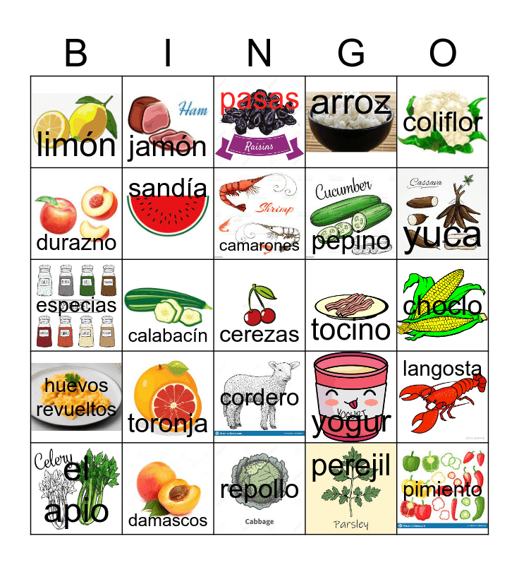 CCHS--Spanish 3,Unidad 4, La Comida Bingo Card