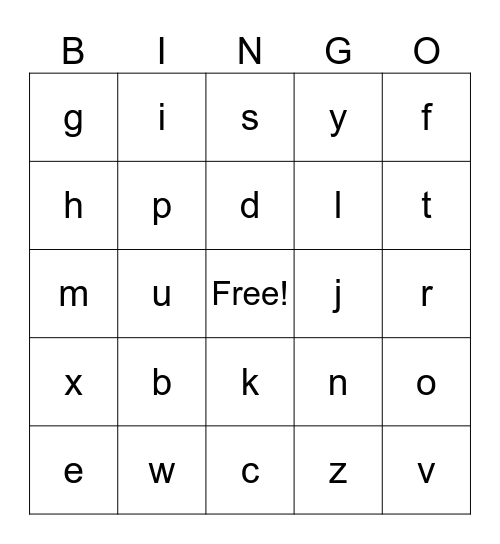 lowercase letters Bingo Card
