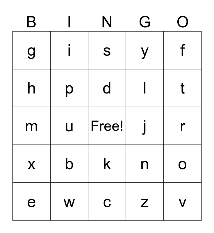 lowercase letters Bingo Card