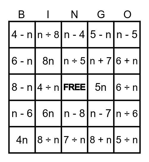 ALGEBRAIC BINGO Card