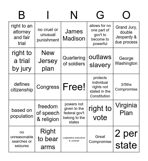 Constitution Bigo Bingo Card