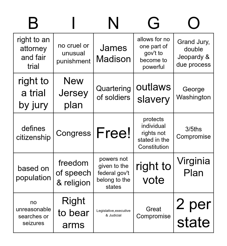 Constitution Bigo Bingo Card