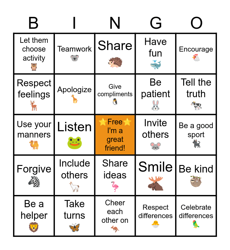 Friendship Bingo Card