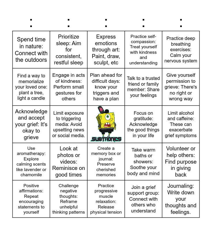 Grief Coping Skills Hillside Bingo Card