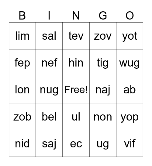 nonsense words Bingo Card