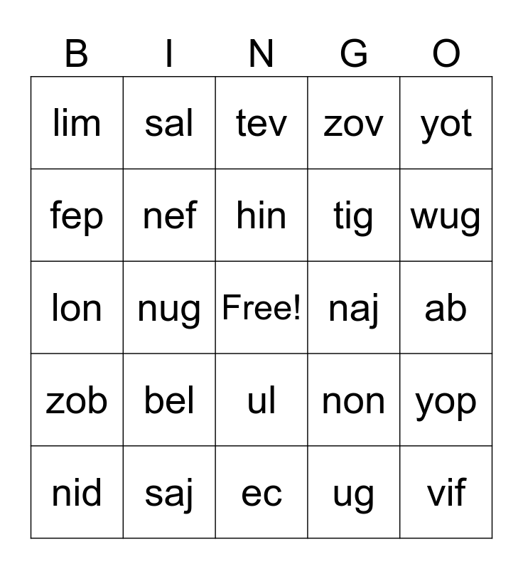 nonsense words Bingo Card