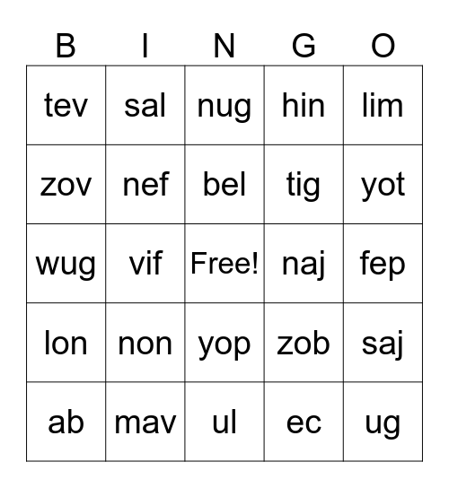 nonsense words Bingo Card