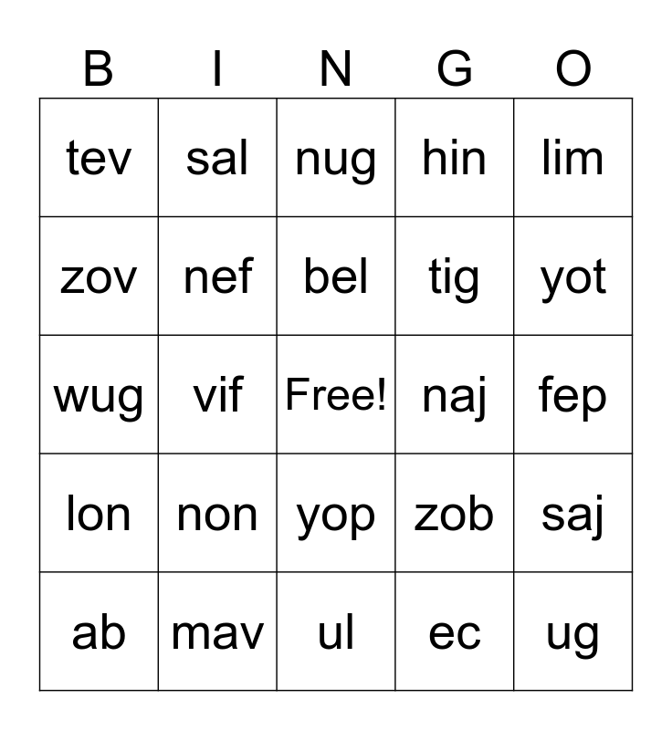 nonsense words Bingo Card