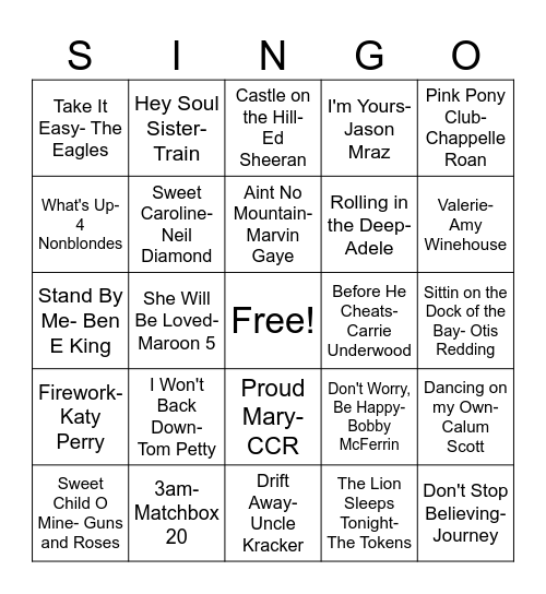 Singo 2 Bingo Card