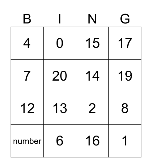 0-20 Bingo (numbers) Bingo Card