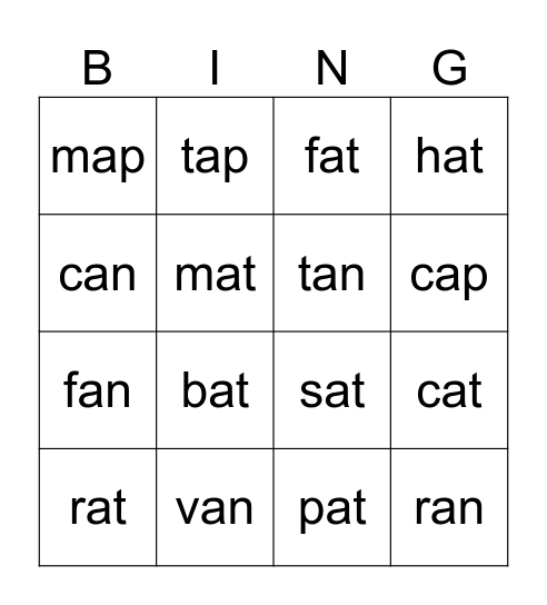 Short a word family Bingo Card