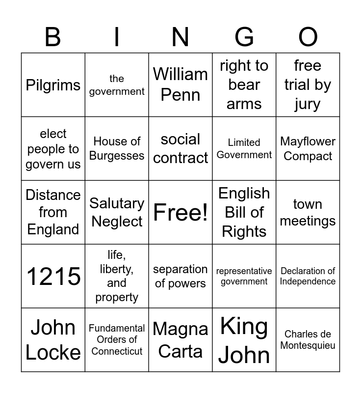 Representative Government Bingo Card