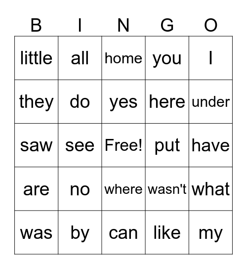 Sight Word Bingo Card