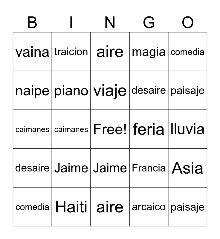 Diptongos con ai, ia Bingo Card