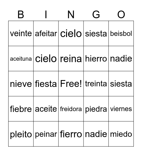 Diptongos con ei ie Bingo Card