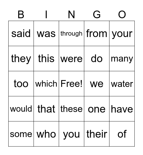 Sight Word Set #1 Bingo Card