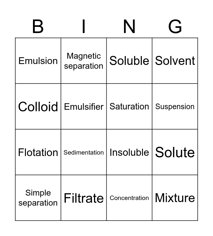 Mixtures & Separation Bingo Card