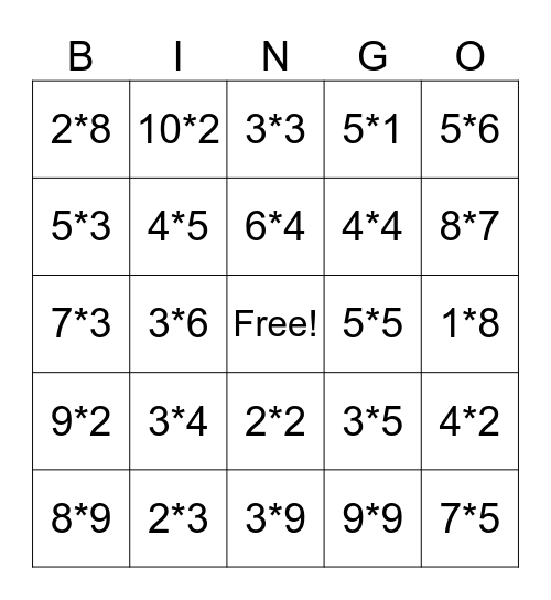 Multiplication Bingo Card
