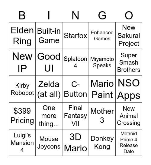 Nintendo Switch 2 Bingo Card