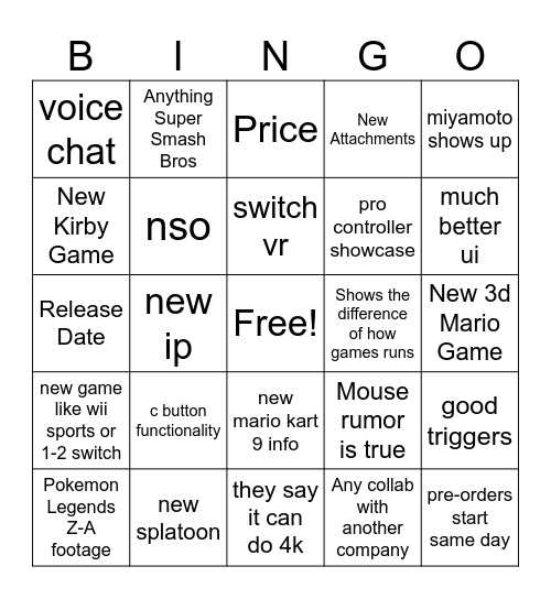 Switch 2 Bingo Card