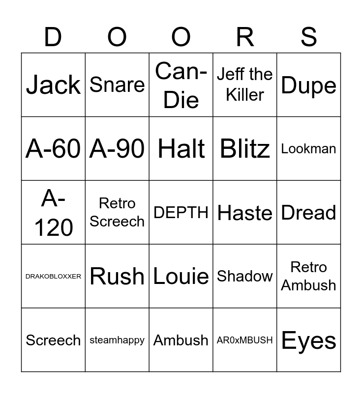 DOORS Entity Deaths/Encounters Bingo Card