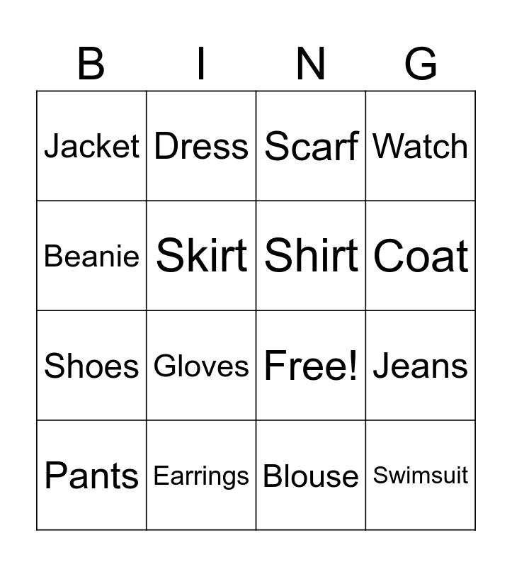 Clothing Items Bingo Card