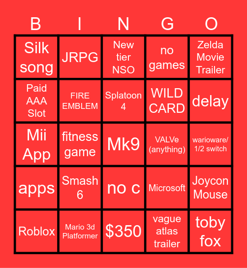 switch tuah Bingo Card