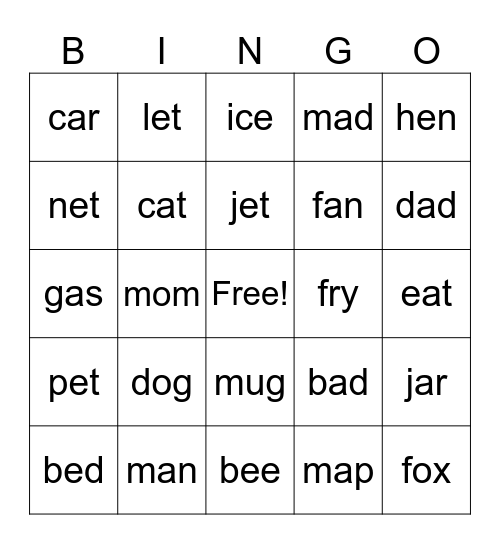 Three Letter Words 1.0 Bingo Card