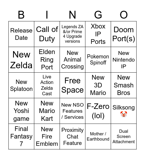 Nintendo Switch 2 Reveal Direct Bingo 2025 Bingo Card