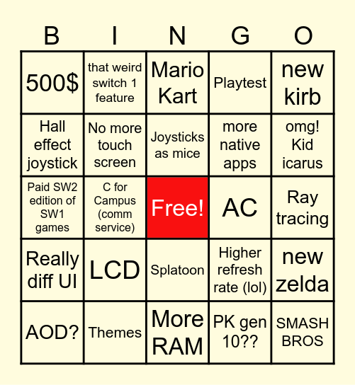 Switch 2 Bingo Card
