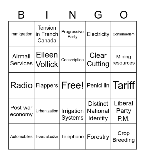 Canadian History Bingo Card