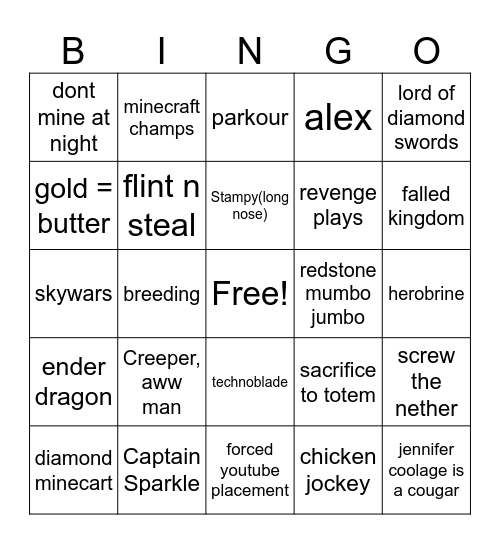 A Minecraft Movie Bingo Card