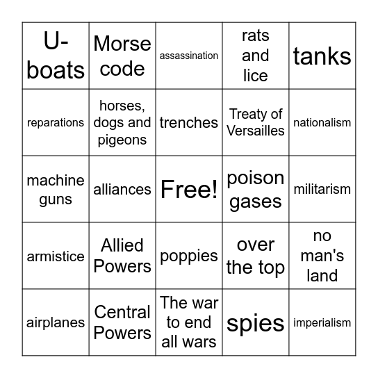 World War I: "The Great War" Bingo Card