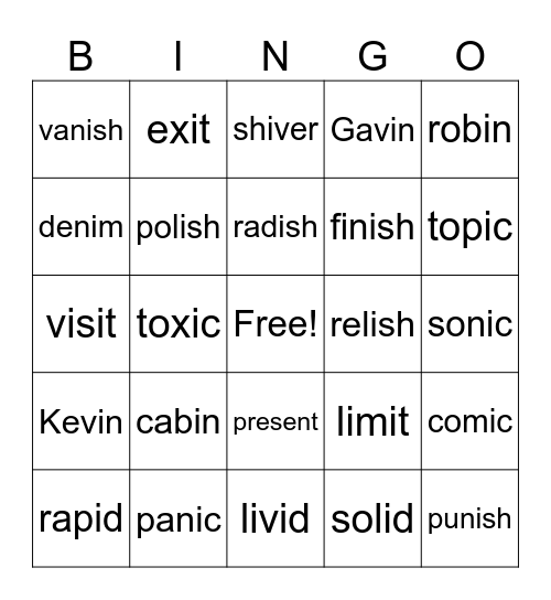 vcv 2 closed syllables Bingo Card