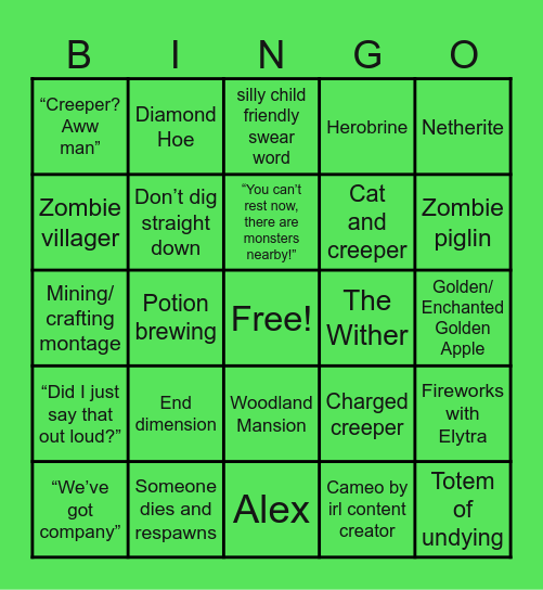 Minecraft Movie Bingo Card