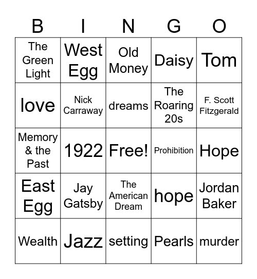The Great Gatsby Bingo Card