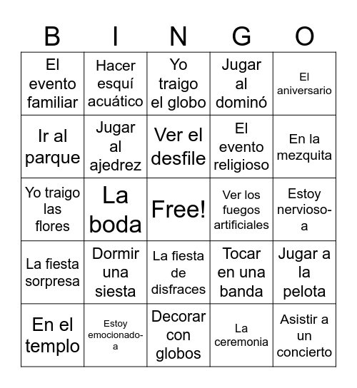 Español 1B - Mi Tiempo Libre Bingo Card